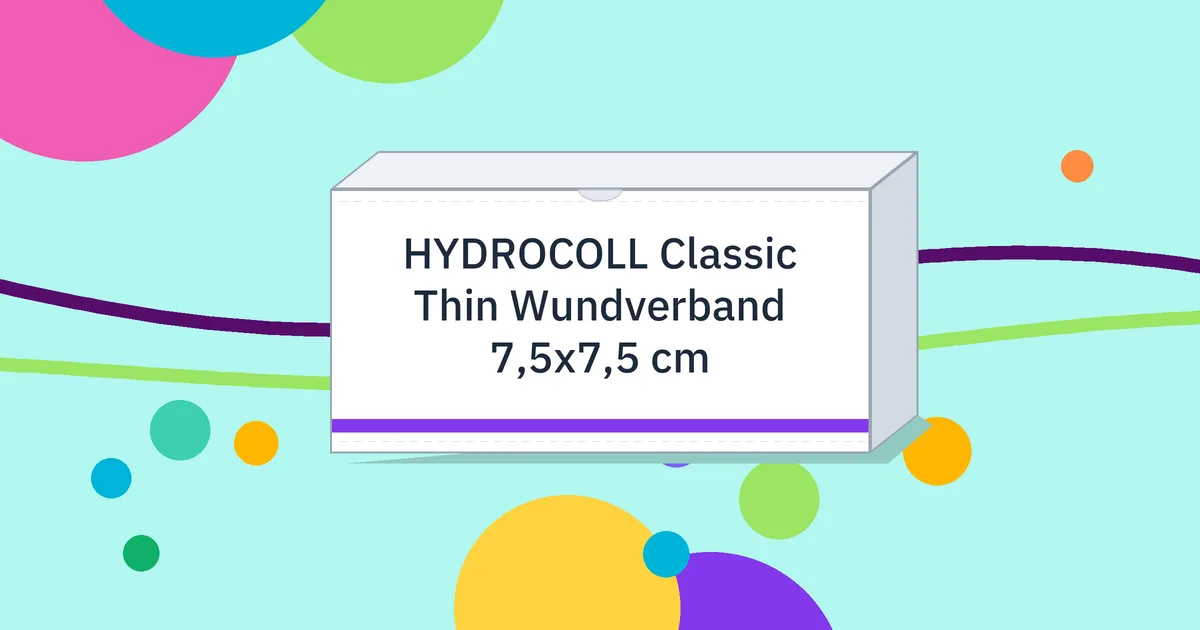 Symbolbild: Packung mit der Aufschrift HYDROCOLL Classic Thin Wundverband 7,5x7,5 cm (PZN 20165795) – Verfügbarkeit und Bezug in Apotheken in Frankfurt am Main