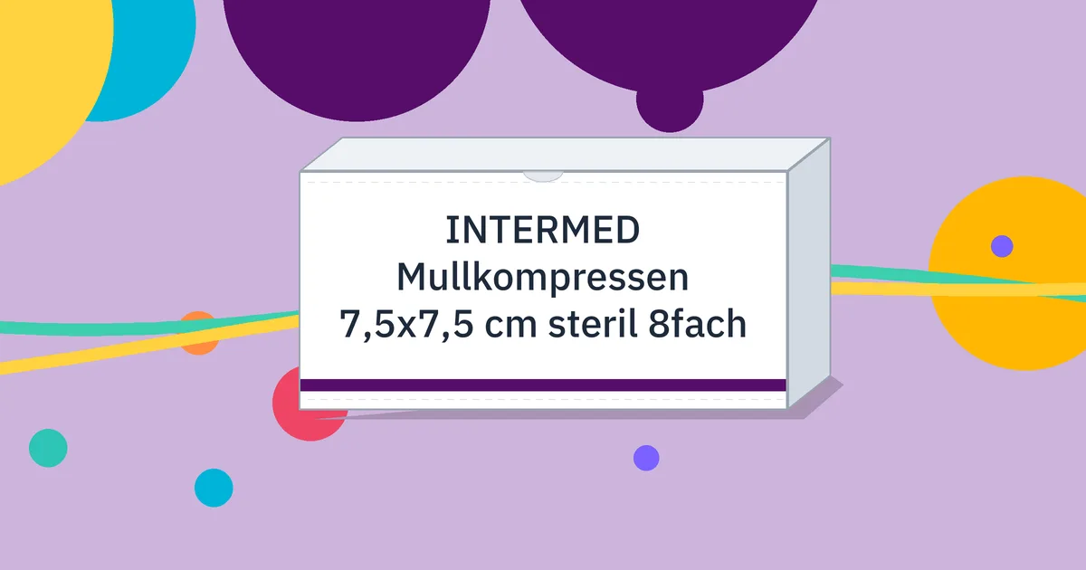 Symbolbild: Packung mit der Aufschrift INTERMED Mullkompressen 7,5x7,5 cm steril 8fach (PZN 02720365) – Verfügbarkeit und Bezug in Apotheken in Frankfurt am Main