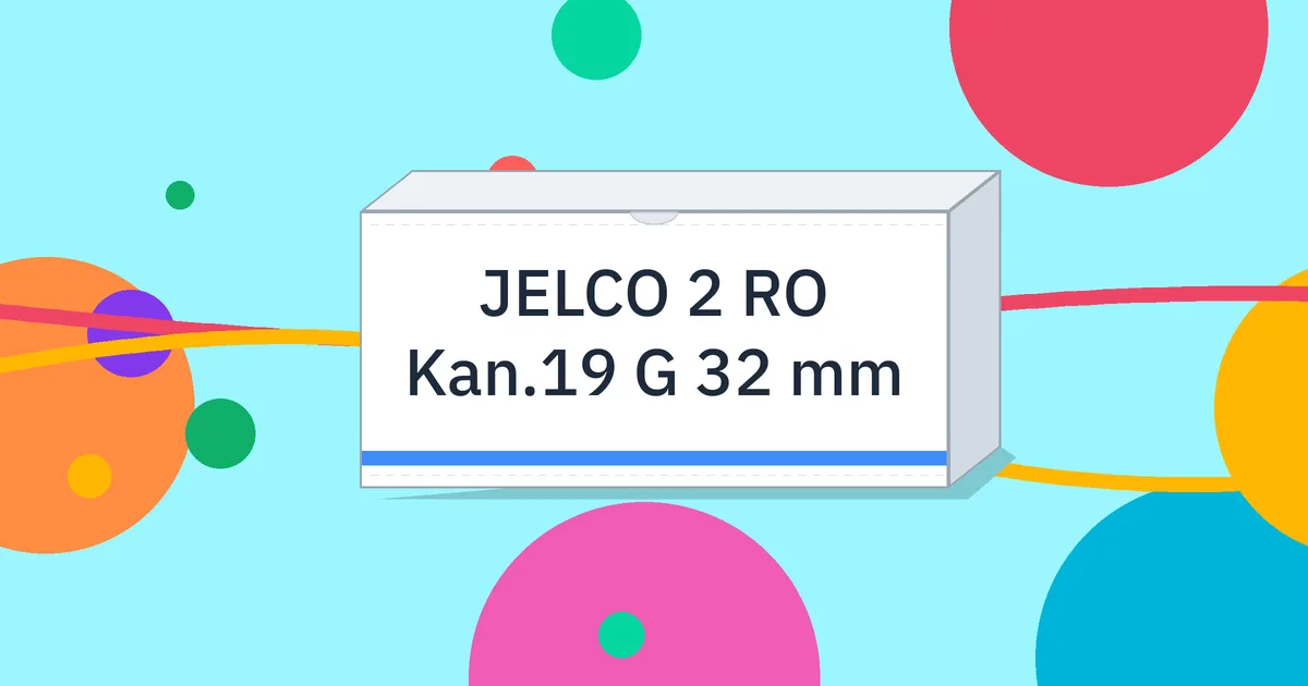 Symbolbild: Packung mit der Aufschrift JELCO 2 RO Kan.19 G 32 mm (PZN 09216635) – Verfügbarkeit und Bezug in Apotheken in Frankfurt am Main