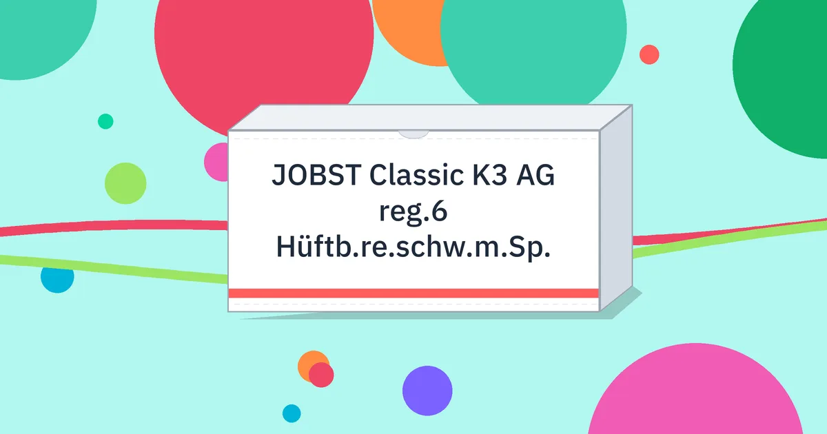 Symbolbild: Packung mit der Aufschrift JOBST Classic K3 AG reg.6 Hüftb.re.schw.m.Sp. (PZN 13076401) – Verfügbarkeit und Bezug in Apotheken in Frankfurt am Main