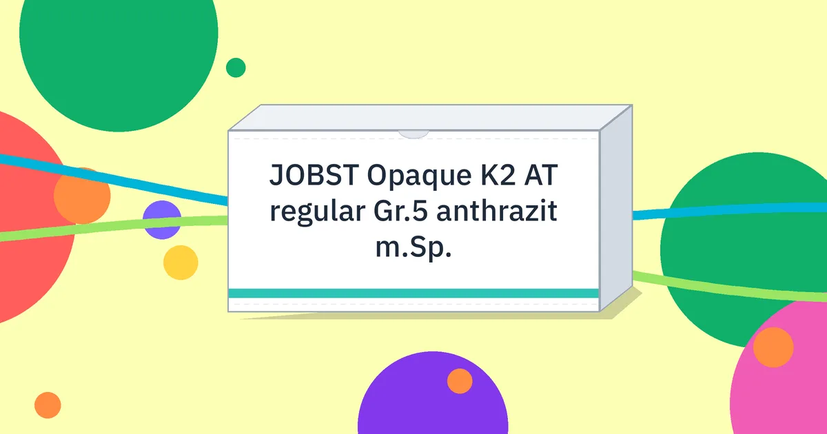 Symbolbild: Packung mit der Aufschrift JOBST Opaque K2 AT regular Gr.5 anthrazit m.Sp. (PZN 16289020) – Verfügbarkeit und Bezug in Apotheken in Frankfurt am Main