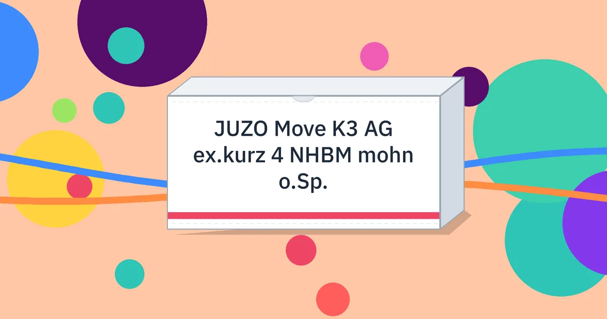 Symbolbild: Packung mit der Aufschrift JUZO Move K3 AG ex.kurz 4 NHBM mohn o.Sp. (PZN 18596542) – Verfügbarkeit und Bezug in Apotheken in Frankfurt am Main