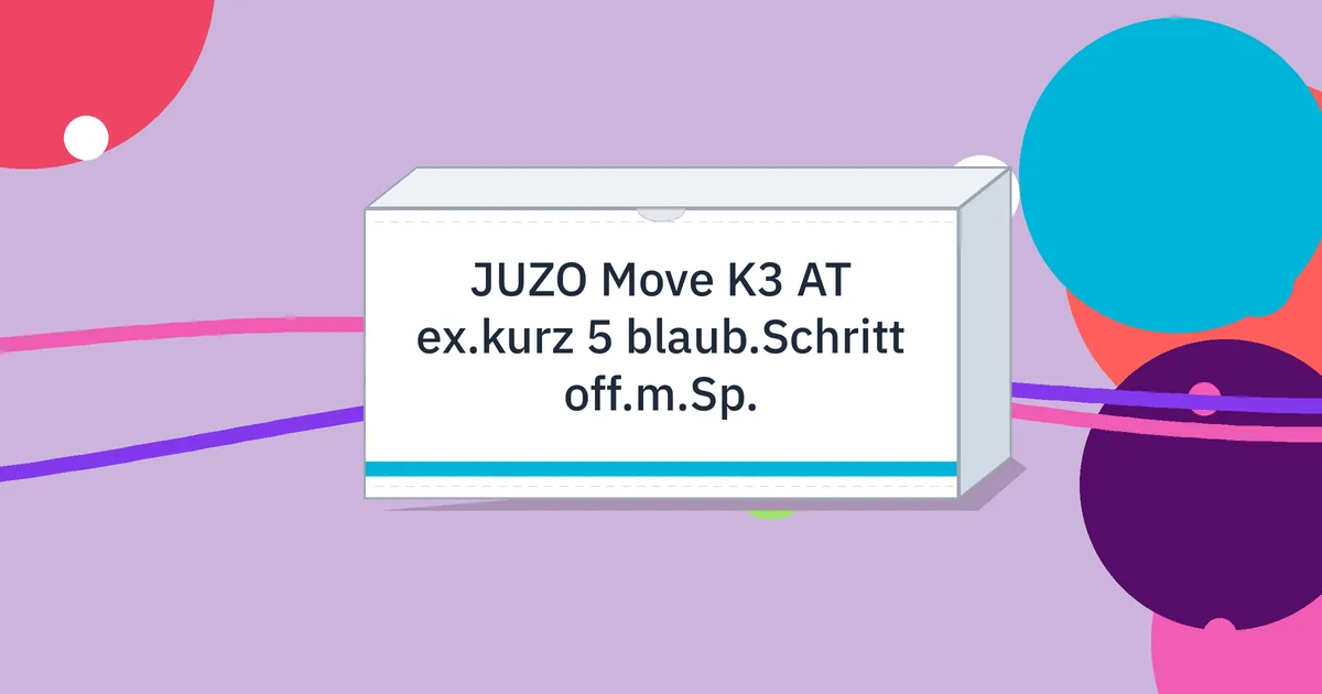 Symbolbild: Packung mit der Aufschrift JUZO Move K3 AT ex.kurz 5 blaub.Schritt off.m.Sp. (PZN 20680652) – Verfügbarkeit und Bezug in Apotheken in Frankfurt am Main
