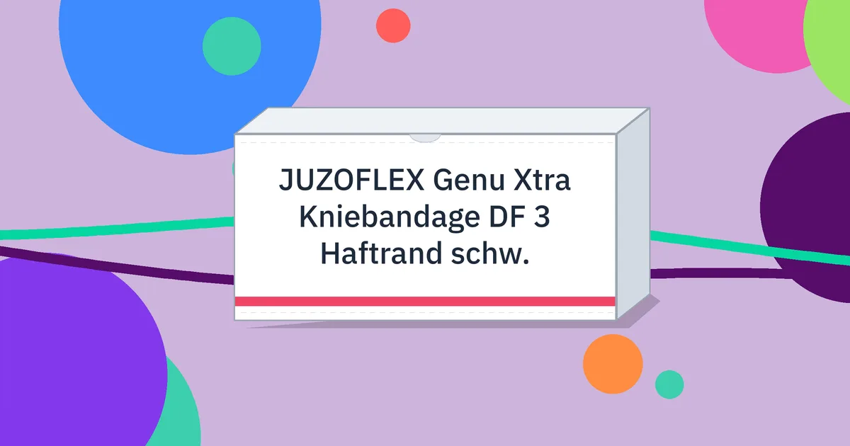 Symbolbild: Packung mit der Aufschrift JUZOFLEX Genu Xtra Kniebandage DF 3 Haftrand schw. (PZN 16497296) – Verfügbarkeit und Bezug in Apotheken in Frankfurt am Main