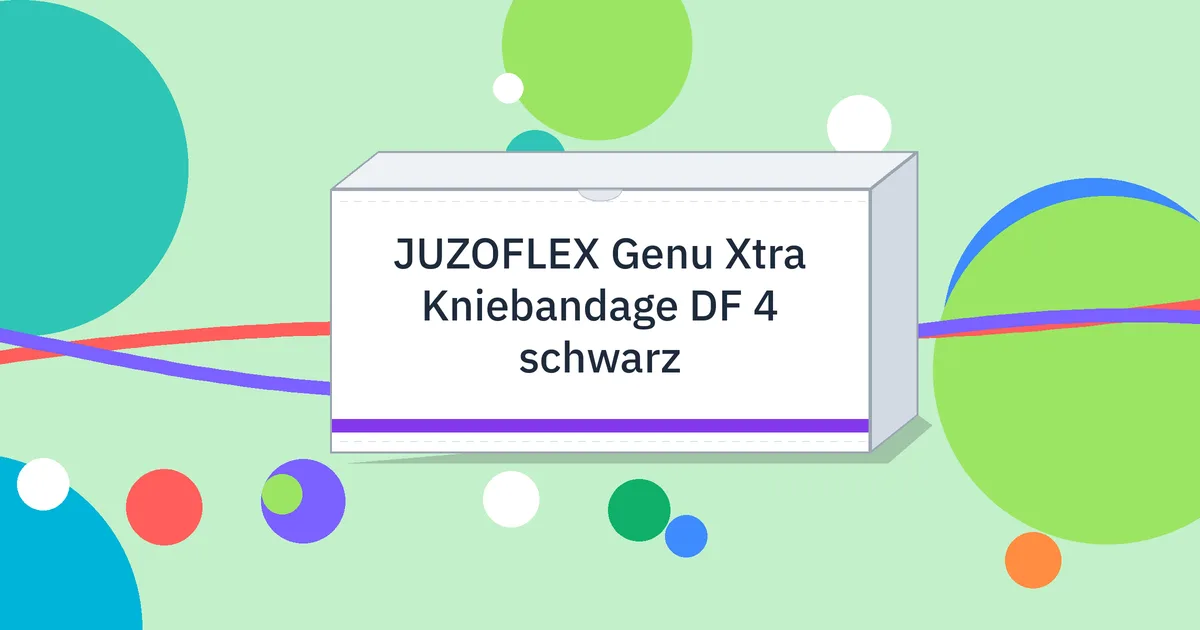 Symbolbild: Packung mit der Aufschrift JUZOFLEX Genu Xtra Kniebandage DF 4 schwarz (PZN 16497534) – Verfügbarkeit und Bezug in Apotheken in Frankfurt am Main