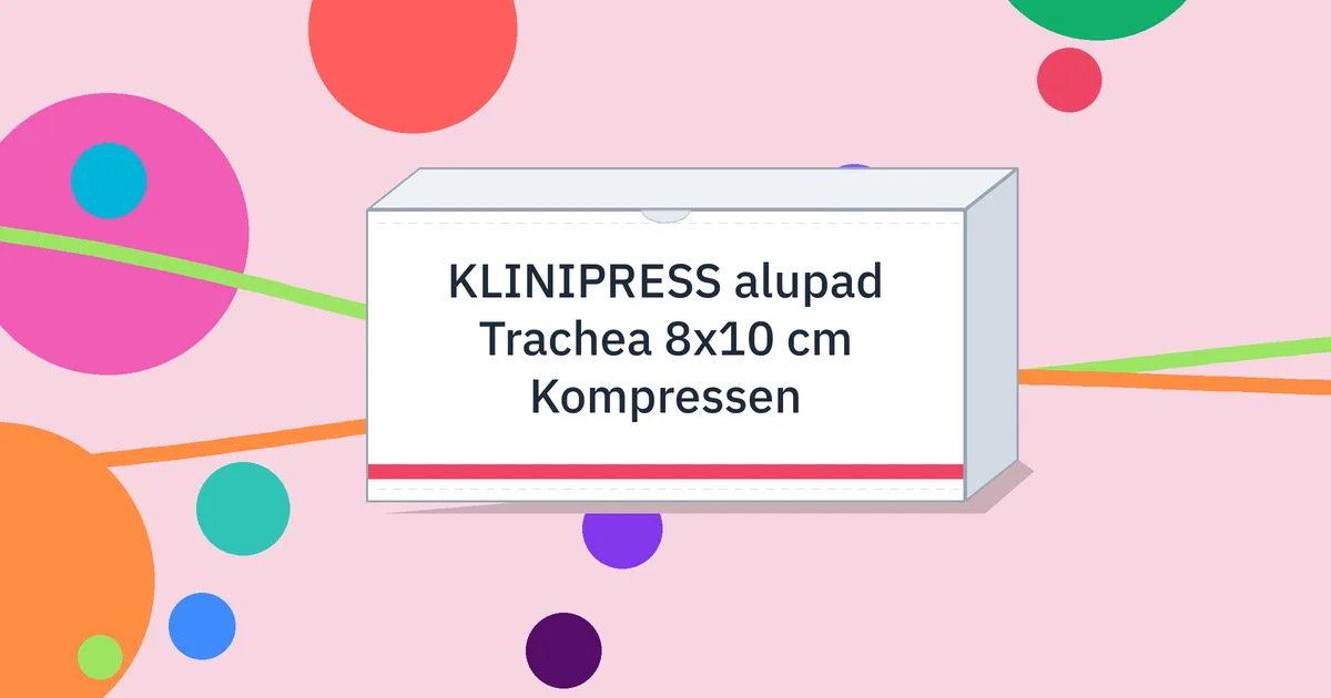 Symbolbild: Packung mit der Aufschrift KLINIPRESS alupad Trachea 8x10 cm Kompressen (PZN 20005614) – Verfügbarkeit und Bezug in Apotheken in Frankfurt am Main