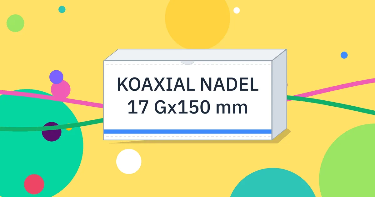 Symbolbild: Packung mit der Aufschrift KOAXIAL NADEL 17 Gx150 mm (PZN 19529878) – Verfügbarkeit und Bezug in Apotheken in Frankfurt am Main