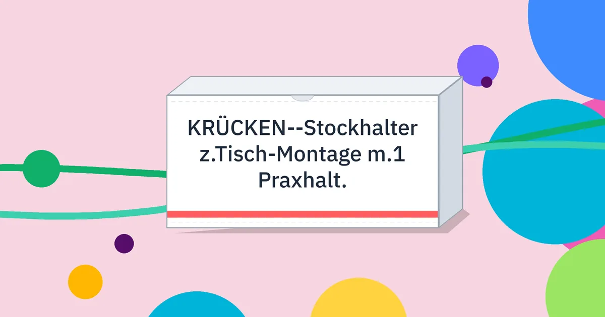 Symbolbild: Packung mit der Aufschrift KRÜCKEN--Stockhalter z.Tisch-Montage m.1 Praxhalt. (PZN 09609346) – Verfügbarkeit und Bezug in Apotheken in Frankfurt am Main