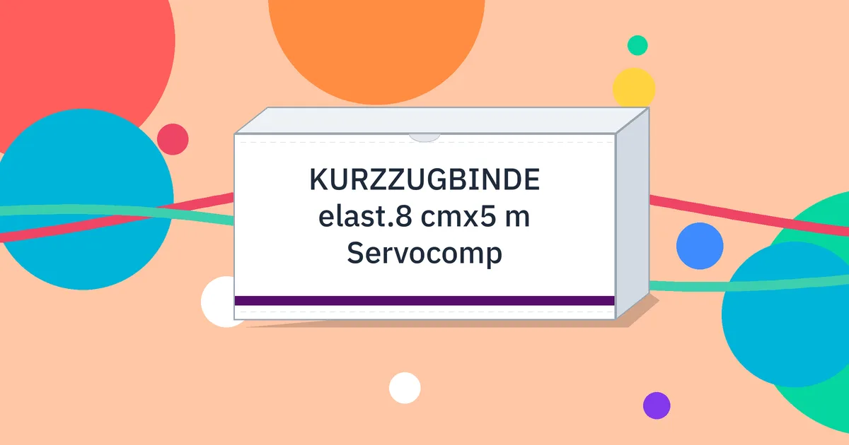 Symbolbild: Packung mit der Aufschrift KURZZUGBINDE elast.8 cmx5 m Servocomp (PZN 04762474) – Verfügbarkeit und Bezug in Apotheken in Frankfurt am Main
