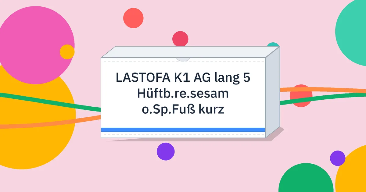 Symbolbild: Packung mit der Aufschrift LASTOFA K1 AG lang 5 Hüftb.re.sesam o.Sp.Fuß kurz (PZN 13798867) – Verfügbarkeit und Bezug in Apotheken in Frankfurt am Main
