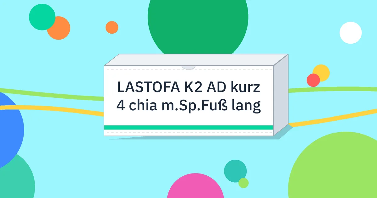 Symbolbild: Packung mit der Aufschrift LASTOFA K2 AD kurz 4 chia m.Sp.Fuß lang (PZN 13800535) – Verfügbarkeit und Bezug in Apotheken in Frankfurt am Main