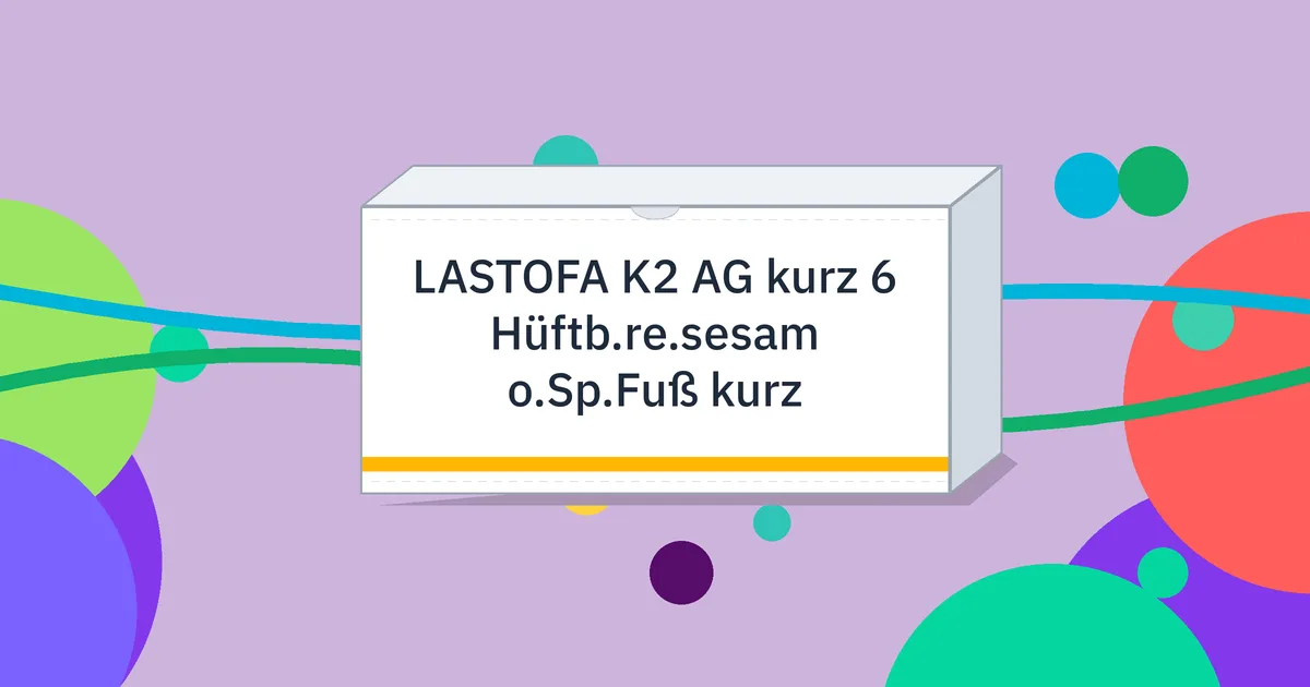 Symbolbild: Packung mit der Aufschrift LASTOFA K2 AG kurz 6 Hüftb.re.sesam o.Sp.Fuß kurz (PZN 13812426) – Verfügbarkeit und Bezug in Apotheken in Frankfurt am Main