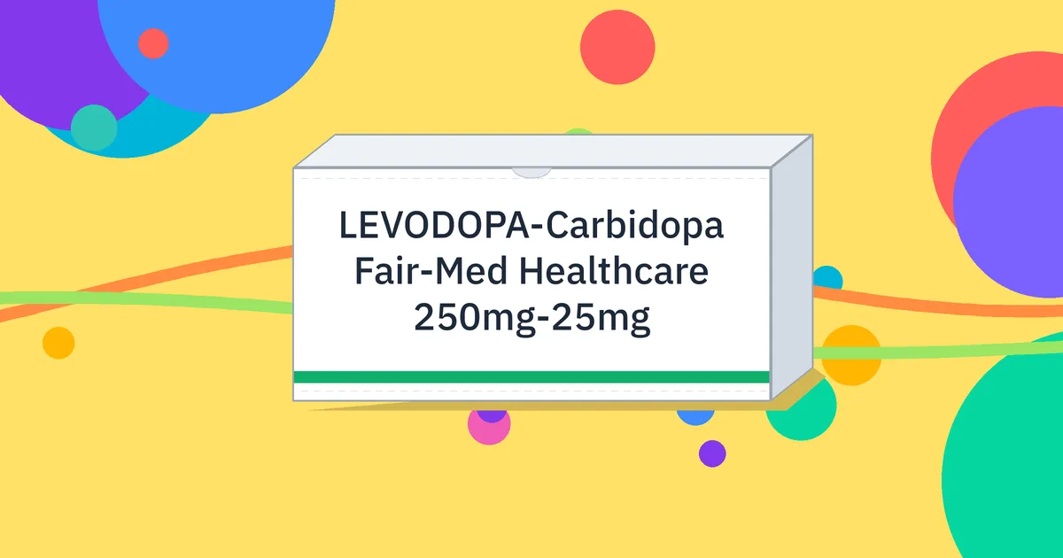 Symbolbild: Packung mit der Aufschrift LEVODOPA-Carbidopa Fair-Med Healthcare 250mg-25mg (PZN 14321587) – Verfügbarkeit und Bezug in Apotheken in Frankfurt am Main
