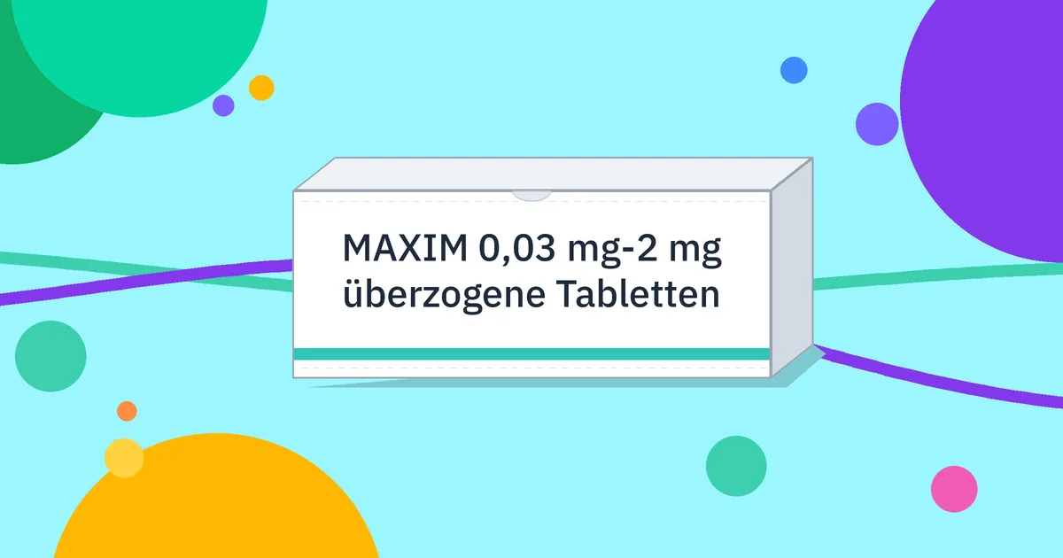 Symbolbild: Packung mit der Aufschrift MAXIM 0,03 mg-2 mg überzogene Tabletten (PZN 06575316) – Verfügbarkeit und Bezug in Apotheken in Frankfurt am Main