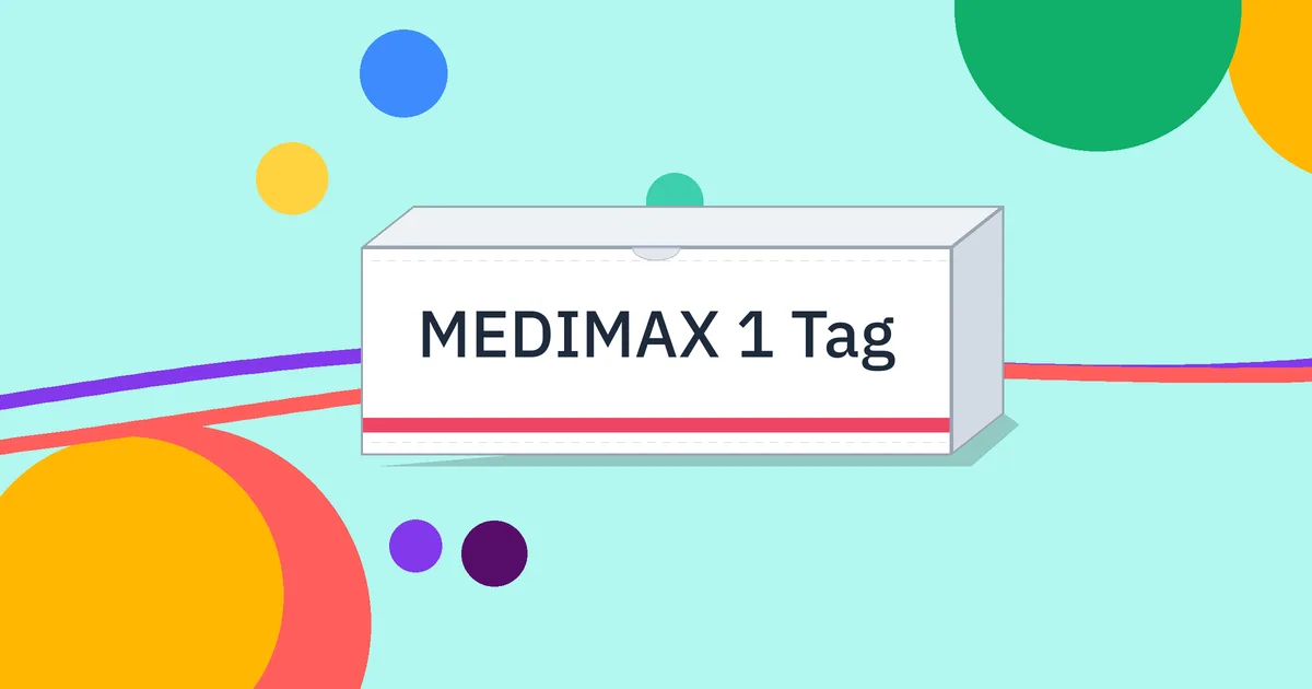 Symbolbild: Packung mit der Aufschrift MEDIMAX 1 Tag (PZN 09422814) – Verfügbarkeit und Bezug in Apotheken in Frankfurt am Main