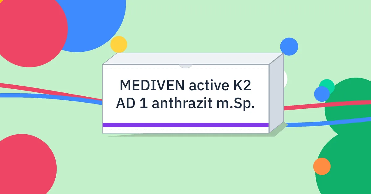 Symbolbild: Packung mit der Aufschrift MEDIVEN active K2 AD 1 anthrazit m.Sp. (PZN 14553139) – Verfügbarkeit und Bezug in Apotheken in Frankfurt am Main