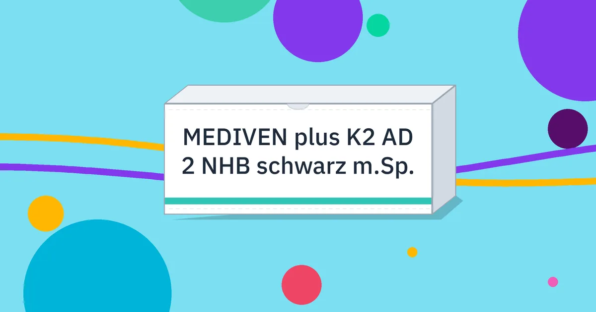 Symbolbild: Packung mit der Aufschrift MEDIVEN plus K2 AD 2 NHB schwarz m.Sp. (PZN 15937712) – Verfügbarkeit und Bezug in Apotheken in Frankfurt am Main