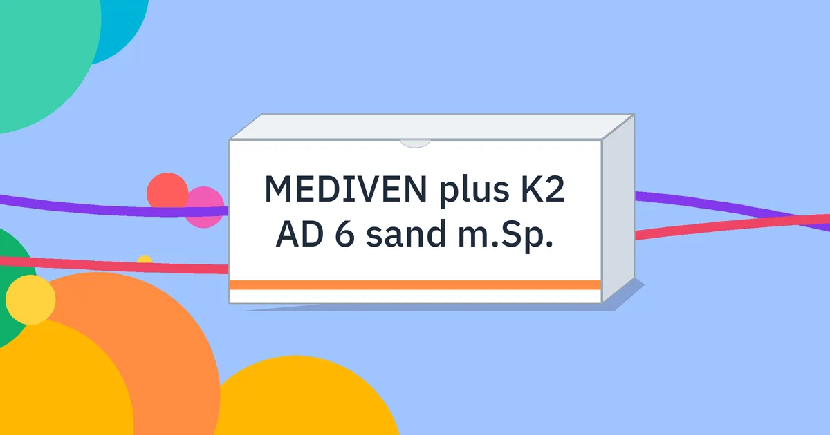 Symbolbild: Packung mit der Aufschrift MEDIVEN plus K2 AD 6 sand m.Sp. (PZN 18946367) – Verfügbarkeit und Bezug in Apotheken in Frankfurt am Main