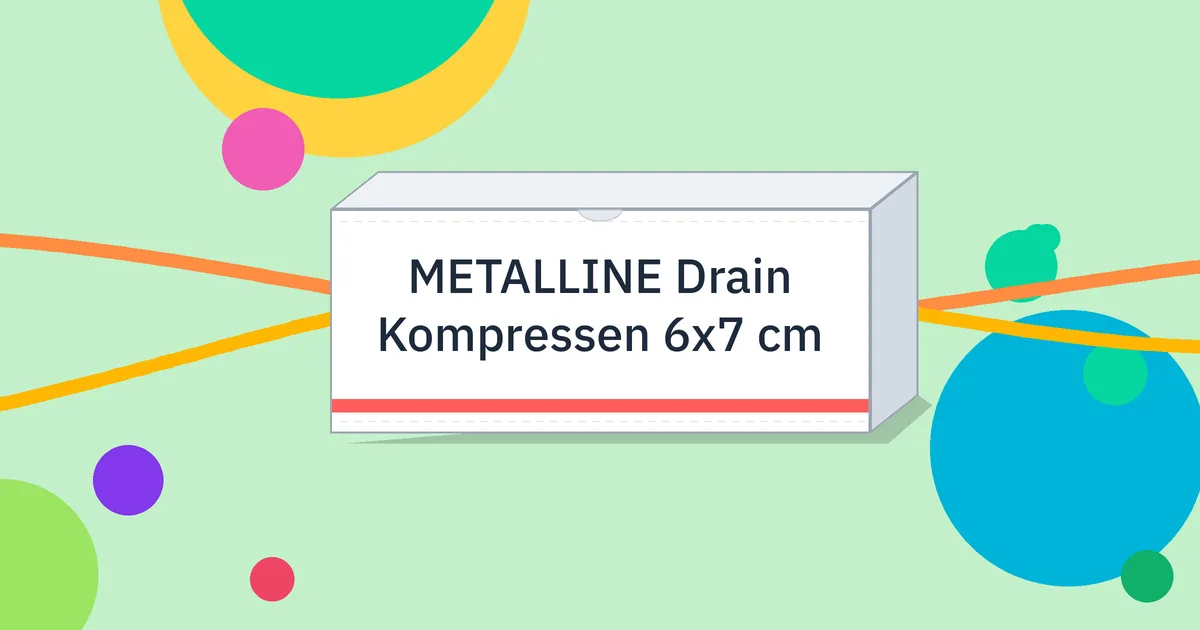 Symbolbild: Packung mit der Aufschrift METALLINE Drain Kompressen 6x7 cm (PZN 19503726) – Verfügbarkeit und Bezug in Apotheken in Frankfurt am Main