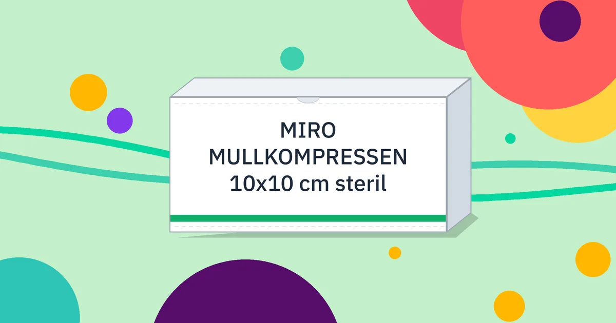 Symbolbild: Packung mit der Aufschrift MIRO MULLKOMPRESSEN 10x10 cm steril (PZN 01180582) – Verfügbarkeit und Bezug in Apotheken in Frankfurt am Main