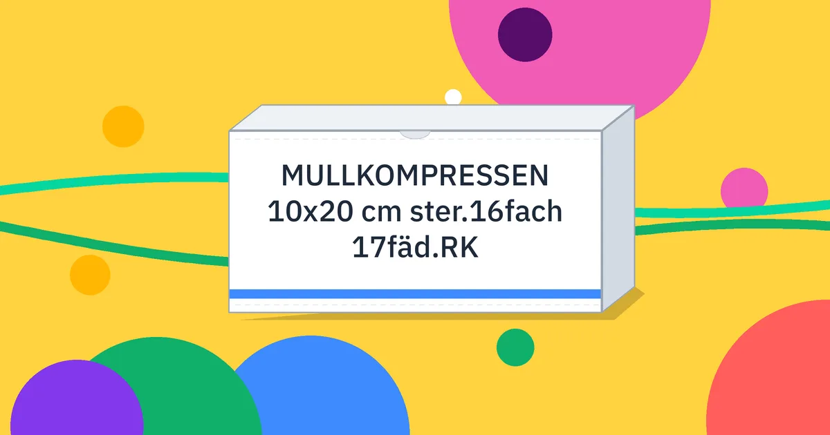 Symbolbild: Packung mit der Aufschrift MULLKOMPRESSEN 10x20 cm ster.16fach 17fäd.RK (PZN 06931567) – Verfügbarkeit und Bezug in Apotheken in Frankfurt am Main
