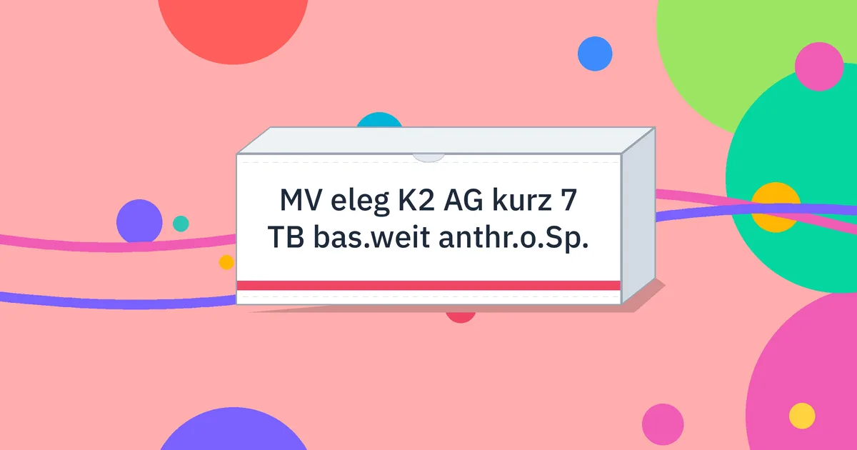 Symbolbild: Packung mit der Aufschrift MV eleg K2 AG kurz 7 TB bas.weit anthr.o.Sp. (PZN 00187665) – Verfügbarkeit und Bezug in Apotheken in Frankfurt am Main