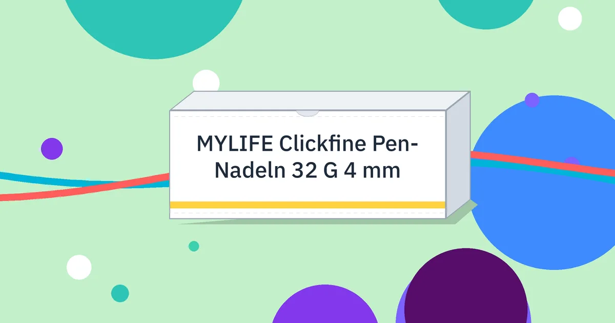 Symbolbild: Packung mit der Aufschrift MYLIFE Clickfine Pen-Nadeln 32 G 4 mm (PZN 13426746) – Verfügbarkeit und Bezug in Apotheken in Frankfurt am Main