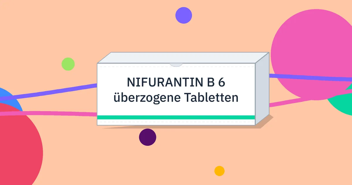 Symbolbild: Packung mit der Aufschrift NIFURANTIN B 6 überzogene Tabletten (PZN 04933349) – Verfügbarkeit und Bezug in Apotheken in Frankfurt am Main