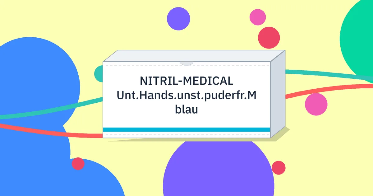 Symbolbild: Packung mit der Aufschrift NITRIL-MEDICAL Unt.Hands.unst.puderfr.M blau (PZN 18408227) – Verfügbarkeit und Bezug in Apotheken in Frankfurt am Main