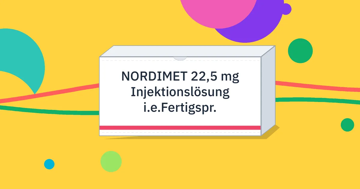 Symbolbild: Packung mit der Aufschrift NORDIMET 22,5 mg Injektionslösung i.e.Fertigspr. (PZN 15264963) – Verfügbarkeit und Bezug in Apotheken in Frankfurt am Main