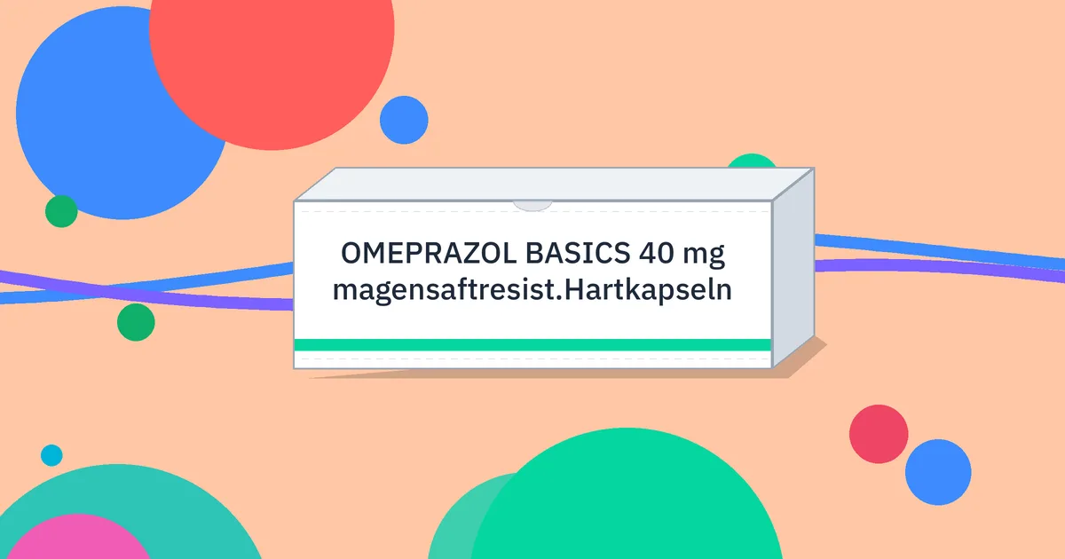 Symbolbild: Packung mit der Aufschrift OMEPRAZOL BASICS 40 mg magensaftresist.Hartkapseln (PZN 13234739) – Verfügbarkeit und Bezug in Apotheken in Frankfurt am Main