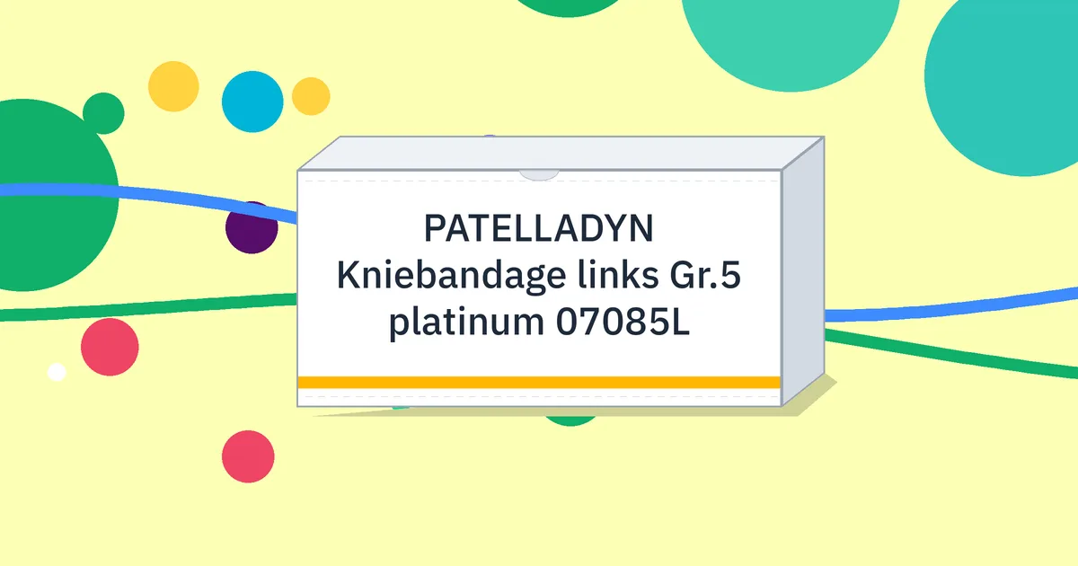 Symbolbild: Packung mit der Aufschrift PATELLADYN Kniebandage links Gr.5 platinum 07085L (PZN 08438003) – Verfügbarkeit und Bezug in Apotheken in Frankfurt am Main