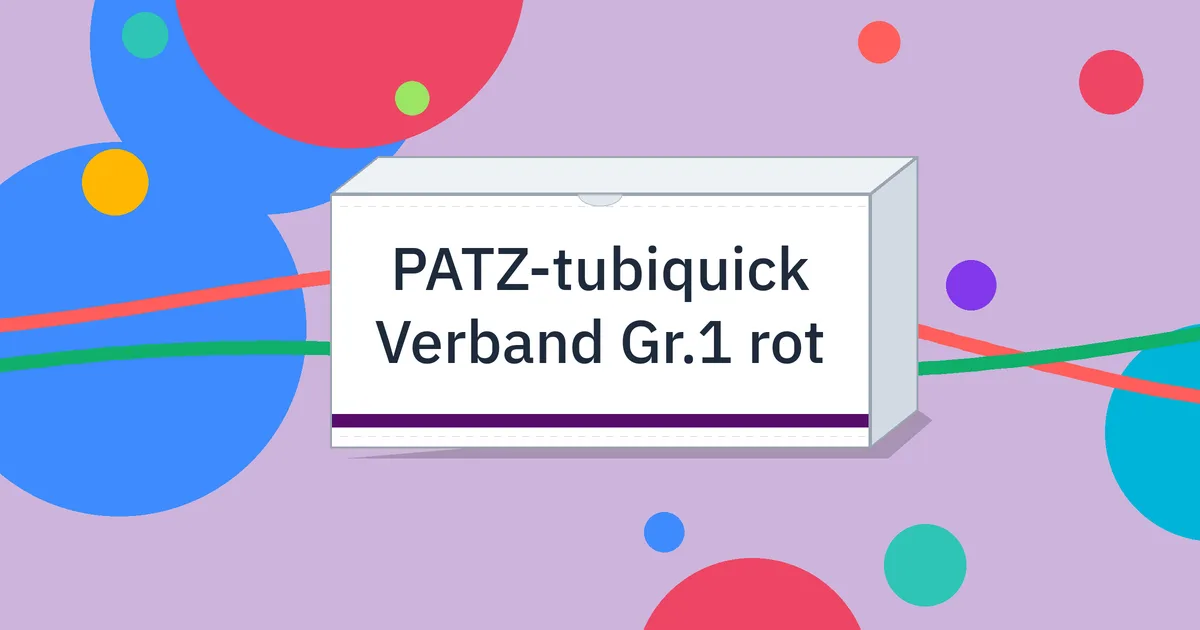 Symbolbild: Packung mit der Aufschrift PATZ-tubiquick Verband Gr.1 rot (PZN 06815306) – Verfügbarkeit und Bezug in Apotheken in Frankfurt am Main