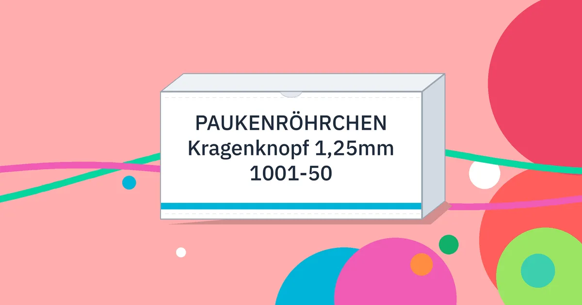 Symbolbild: Packung mit der Aufschrift PAUKENRÖHRCHEN Kragenknopf 1,25mm 1001-50 (PZN 00184690) – Verfügbarkeit und Bezug in Apotheken in Frankfurt am Main