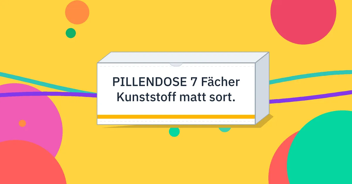 Symbolbild: Packung mit der Aufschrift PILLENDOSE 7 Fächer Kunststoff matt sort. (PZN 01179886) – Verfügbarkeit und Bezug in Apotheken in Frankfurt am Main