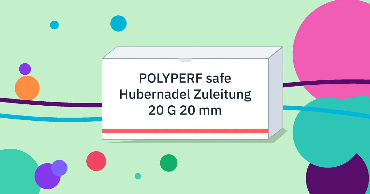 Symbolbild: Packung mit der Aufschrift POLYPERF safe Hubernadel Zuleitung 20 G 20 mm (PZN 12426299) – Verfügbarkeit und Bezug in Apotheken in Frankfurt am Main