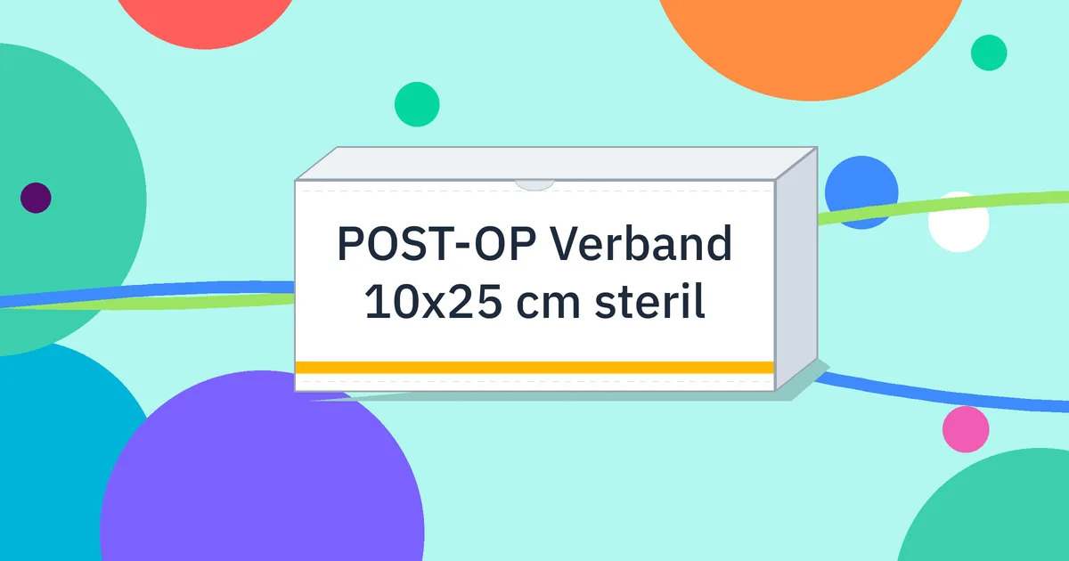 Symbolbild: Packung mit der Aufschrift POST-OP Verband 10x25 cm steril (PZN 17562328) – Verfügbarkeit und Bezug in Apotheken in Frankfurt am Main