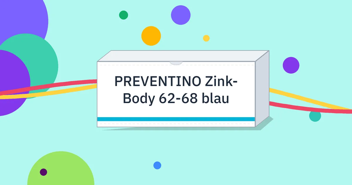 Symbolbild: Packung mit der Aufschrift PREVENTINO Zink-Body 62-68 blau (PZN 12447433) – Verfügbarkeit und Bezug in Apotheken in Frankfurt am Main