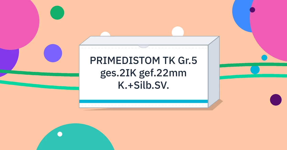 Symbolbild: Packung mit der Aufschrift PRIMEDISTOM TK Gr.5 ges.2IK gef.22mm K.+Silb.SV. (PZN 10980270) – Verfügbarkeit und Bezug in Apotheken in Frankfurt am Main