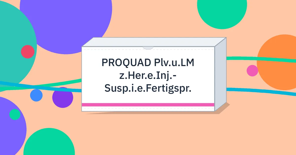 Symbolbild: Packung mit der Aufschrift PROQUAD Plv.u.LM z.Her.e.Inj.-Susp.i.e.Fertigspr. (PZN 01851444) – Verfügbarkeit und Bezug in Apotheken in Frankfurt am Main