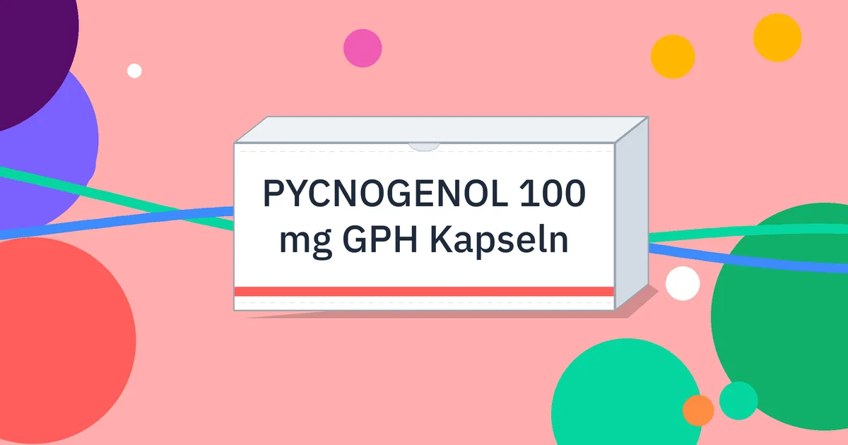 Symbolbild: Packung mit der Aufschrift PYCNOGENOL 100 mg GPH Kapseln (PZN 09180860) – Verfügbarkeit und Bezug in Apotheken in Frankfurt am Main