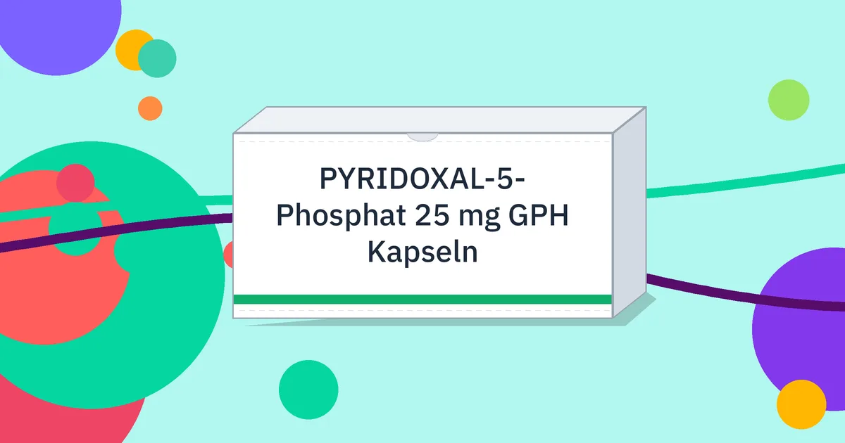 Symbolbild: Packung mit der Aufschrift PYRIDOXAL-5-Phosphat 25 mg GPH Kapseln (PZN 20091111) – Verfügbarkeit und Bezug in Apotheken in Frankfurt am Main