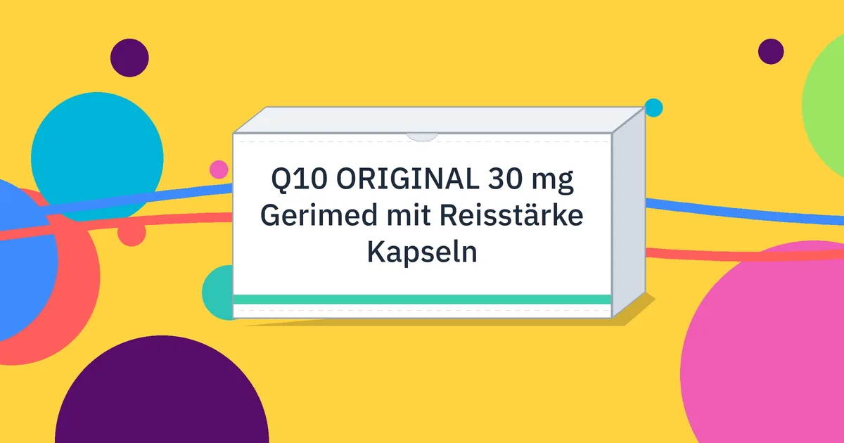 Symbolbild: Packung mit der Aufschrift Q10 ORIGINAL 30 mg Gerimed mit Reisstärke Kapseln (PZN 01975583) – Verfügbarkeit und Bezug in Apotheken in Frankfurt am Main