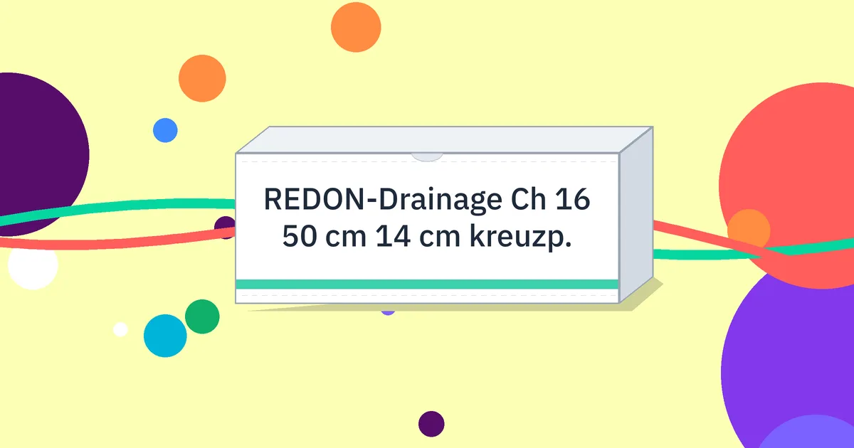 Symbolbild: Packung mit der Aufschrift REDON-Drainage Ch 16 50 cm 14 cm kreuzp. (PZN 17483899) – Verfügbarkeit und Bezug in Apotheken in Frankfurt am Main