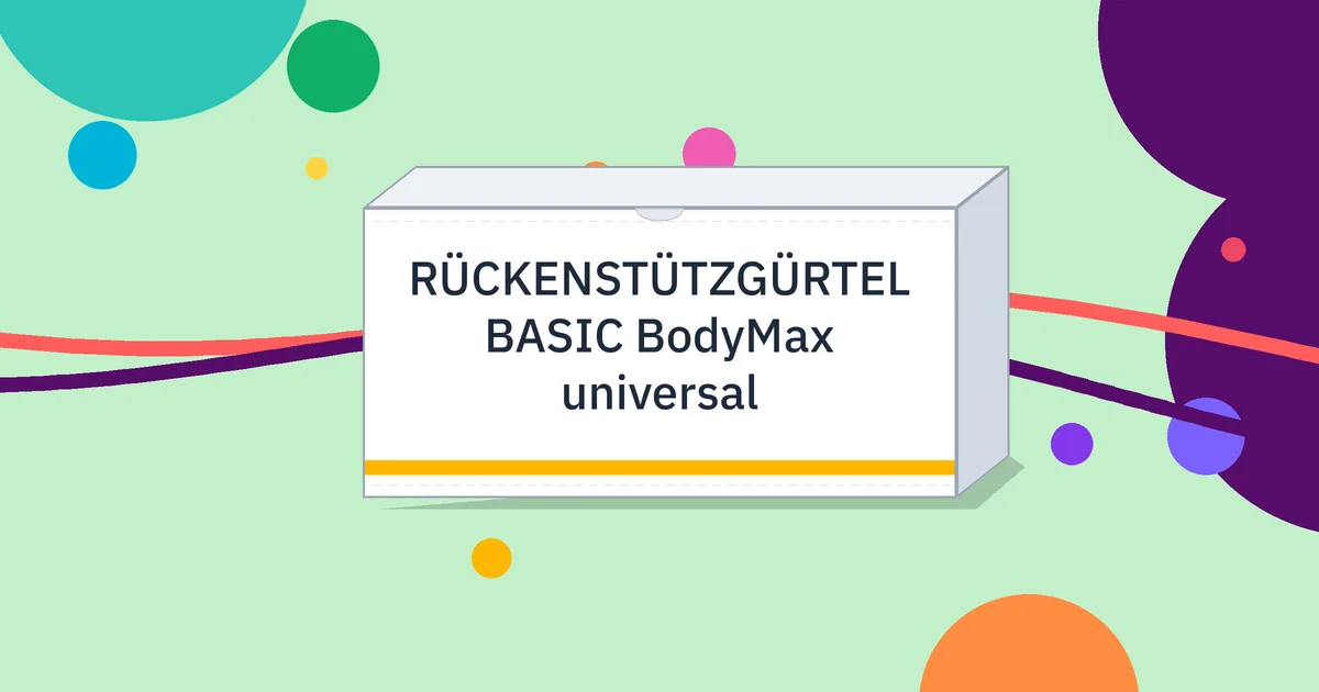 Symbolbild: Packung mit der Aufschrift RÜCKENSTÜTZGÜRTEL BASIC BodyMax universal (PZN 19726662) – Verfügbarkeit und Bezug in Apotheken in Frankfurt am Main