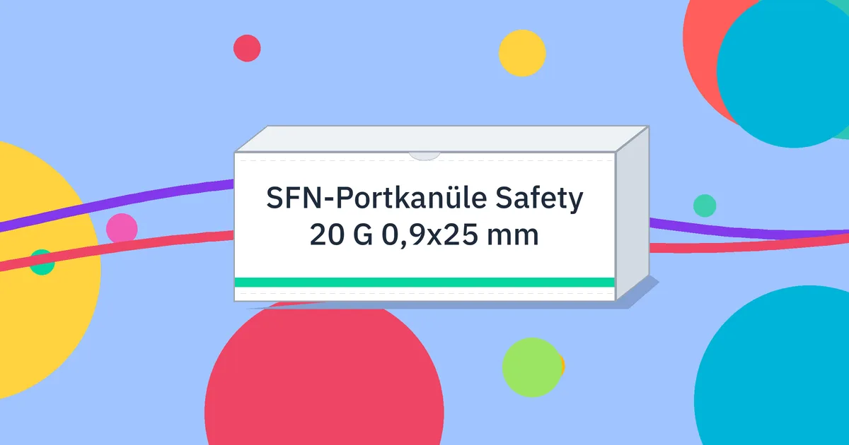 Symbolbild: Packung mit der Aufschrift SFN-Portkanüle Safety 20 G 0,9x25 mm (PZN 07746286) – Verfügbarkeit und Bezug in Apotheken in Frankfurt am Main