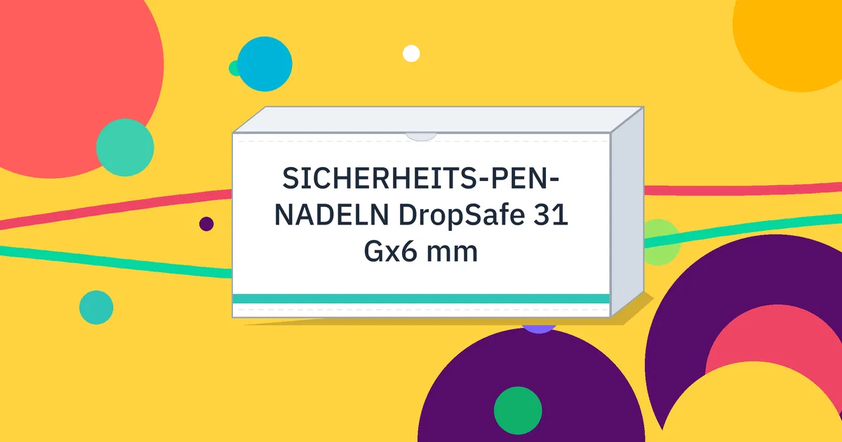 Symbolbild: Packung mit der Aufschrift SICHERHEITS-PEN-NADELN DropSafe 31 Gx6 mm (PZN 17627826) – Verfügbarkeit und Bezug in Apotheken in Frankfurt am Main