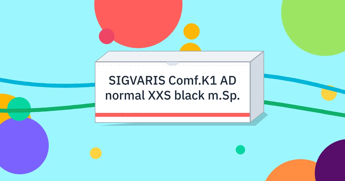 Symbolbild: Packung mit der Aufschrift SIGVARIS Comf.K1 AD normal XXS black m.Sp. (PZN 17093773) – Verfügbarkeit und Bezug in Apotheken in Frankfurt am Main