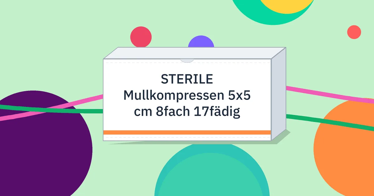 Symbolbild: Packung mit der Aufschrift STERILE Mullkompressen 5x5 cm 8fach 17fädig (PZN 20032545) – Verfügbarkeit und Bezug in Apotheken in Frankfurt am Main