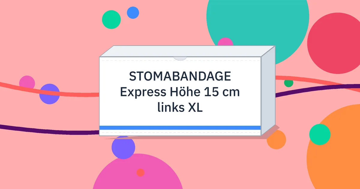 Symbolbild: Packung mit der Aufschrift STOMABANDAGE Express Höhe 15 cm links XL (PZN 16507899) – Verfügbarkeit und Bezug in Apotheken in Frankfurt am Main